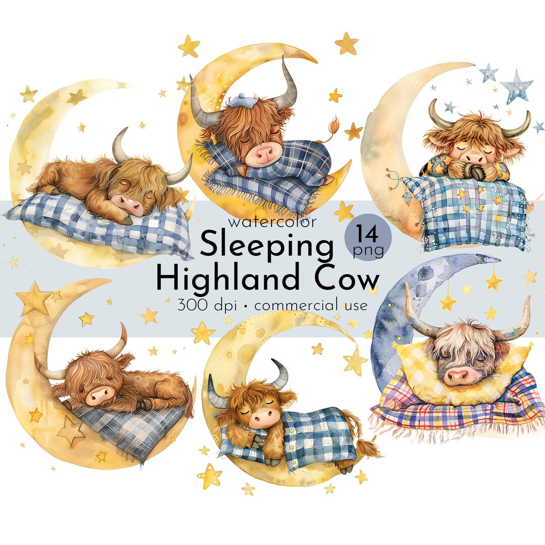 Sleeping Highland Cow Clipart, Cute Baby Cow, Sleeping on the Moon ...