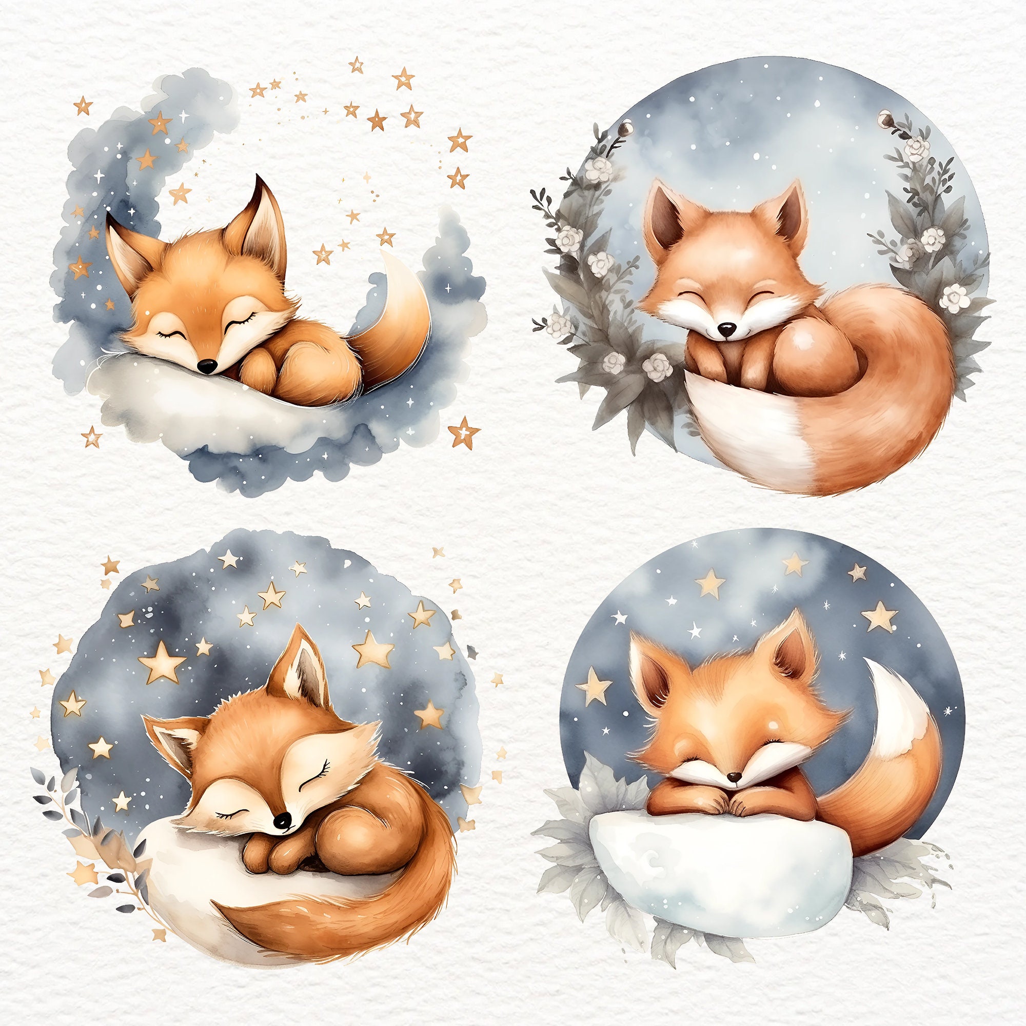 Sleeping Baby Fox Clipart, Baby Shower Clipart, Baby Fox on Moon Clip ...