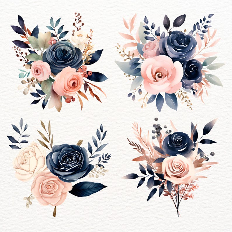 Navy and Blush Rose Clipart: Boho Flower Bouquet (PNG, Digital Download ...