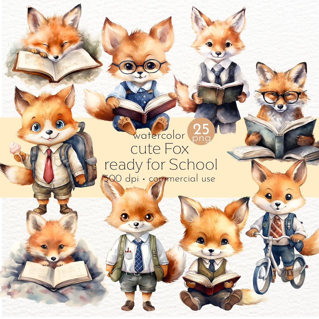 Cute Fox Ready for School Clipart, Cute Baby Foxes, School Kids Clipart ...