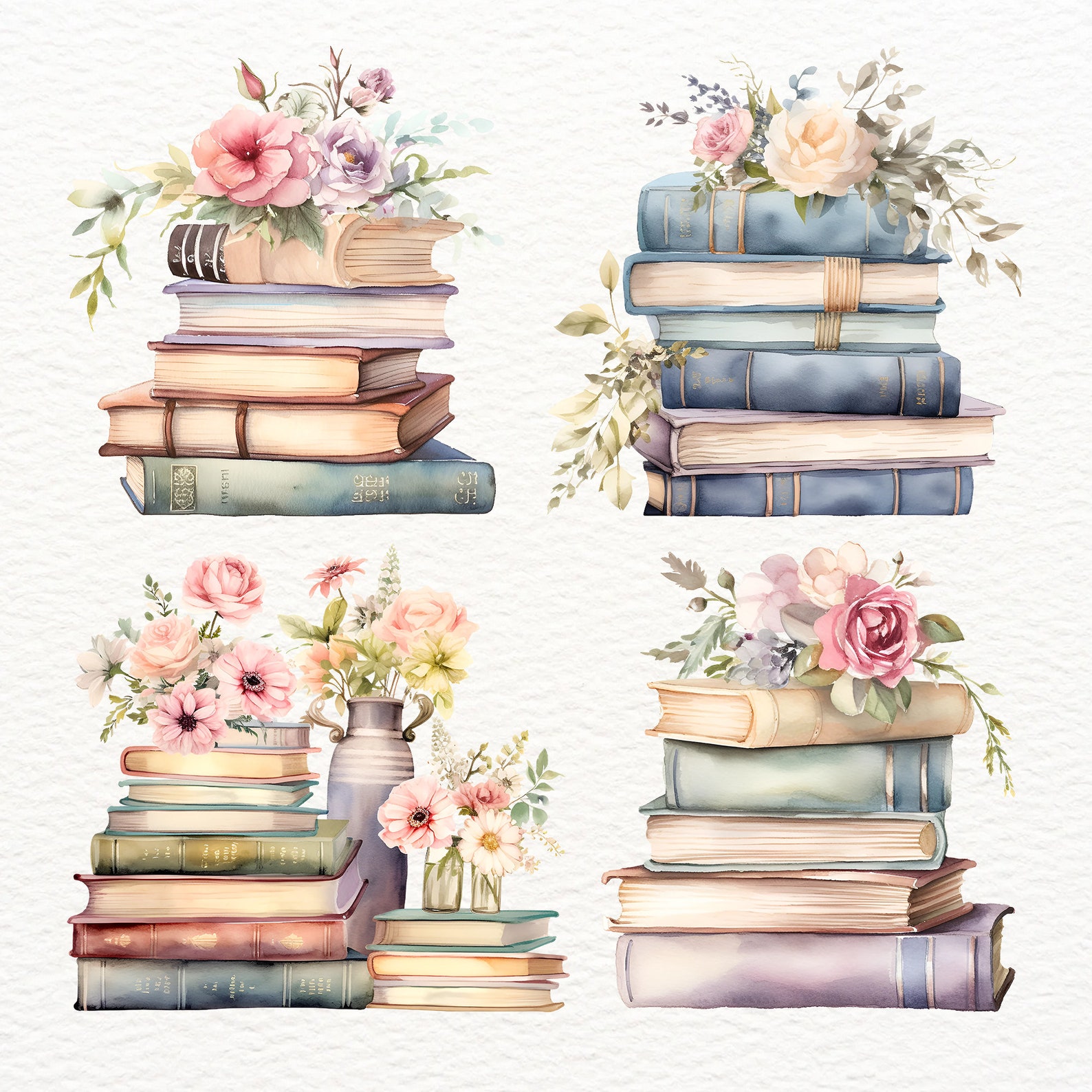 Pastel Cottage Shabby Chic Books Clipart, Book Lover Clipart, Pink Boho ...