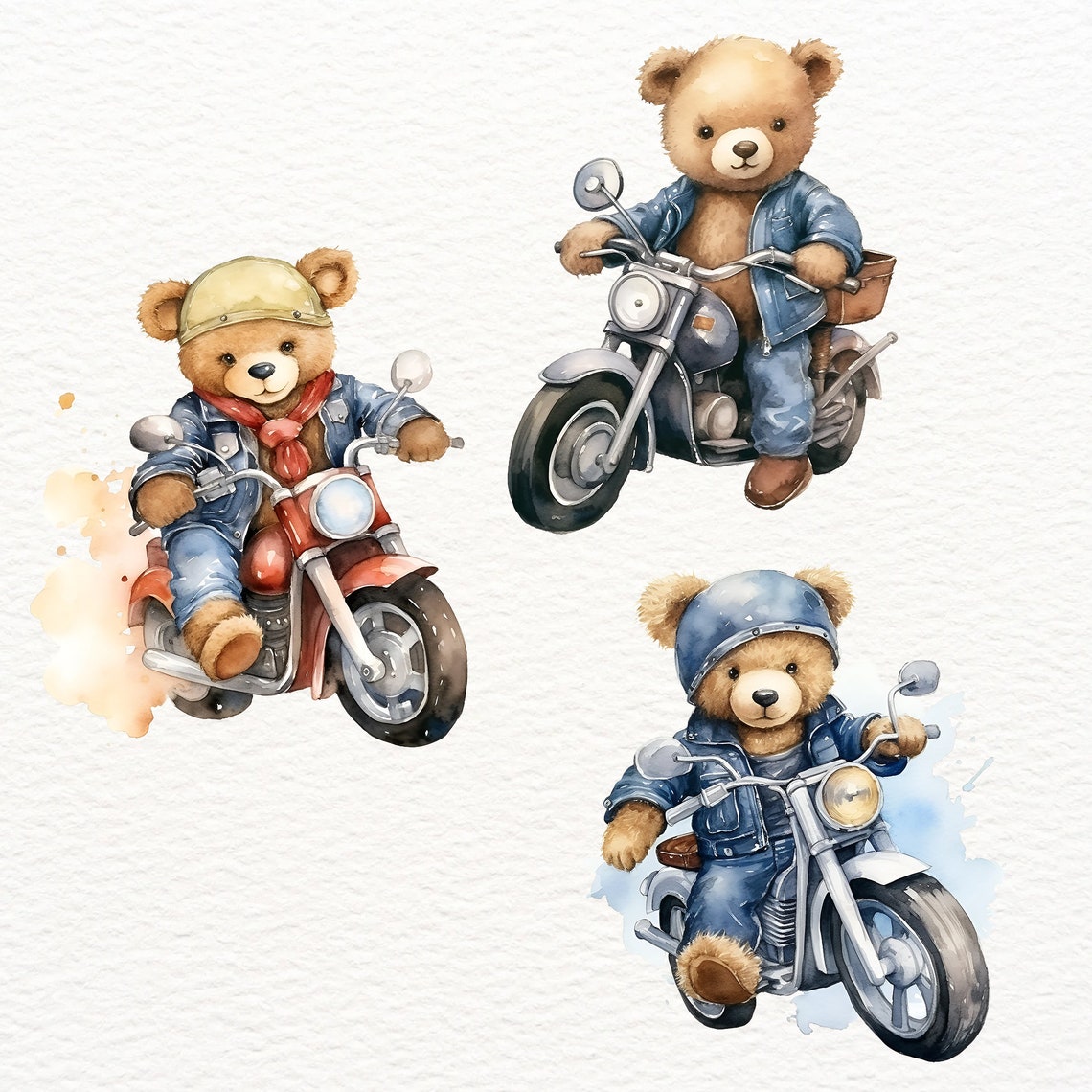 Watercolor Teddy Bear Motorcycle Clipart: 9 PNG Images (commercial Use ...
