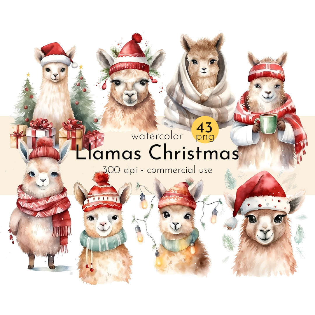 Christmas Llama Clipart: Holiday PNG Graphics (commercial Use) - Etsy