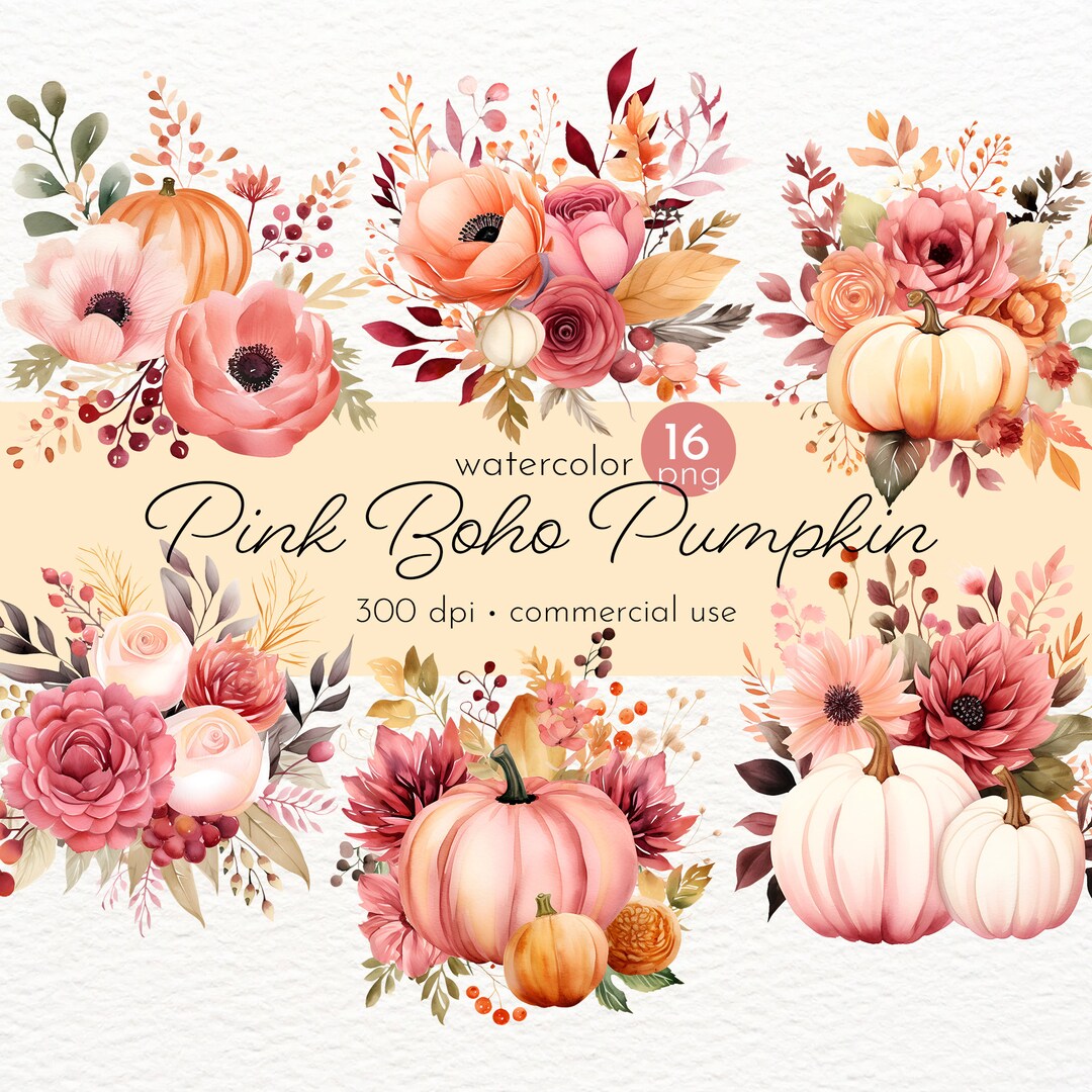 Pink Boho Pumpkin Watercolor Clipart: Floral Autumn PNG (commercial Use ...