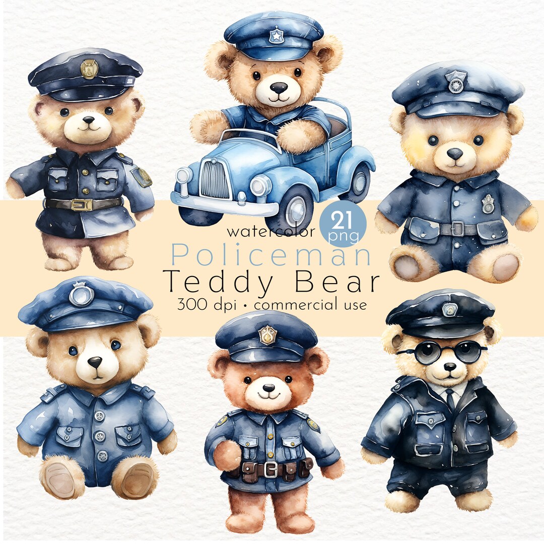 Watercolor Police Teddy Bear Clipart: 21 PNG Images (commercial Use) - Etsy