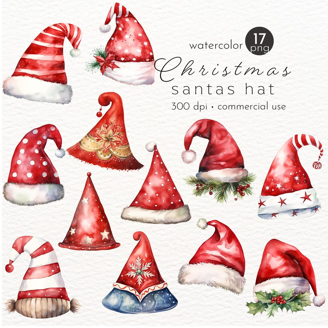 Watercolor Santa Hat Clipart: 17 Christmas PNG Graphics (commercial Use ...