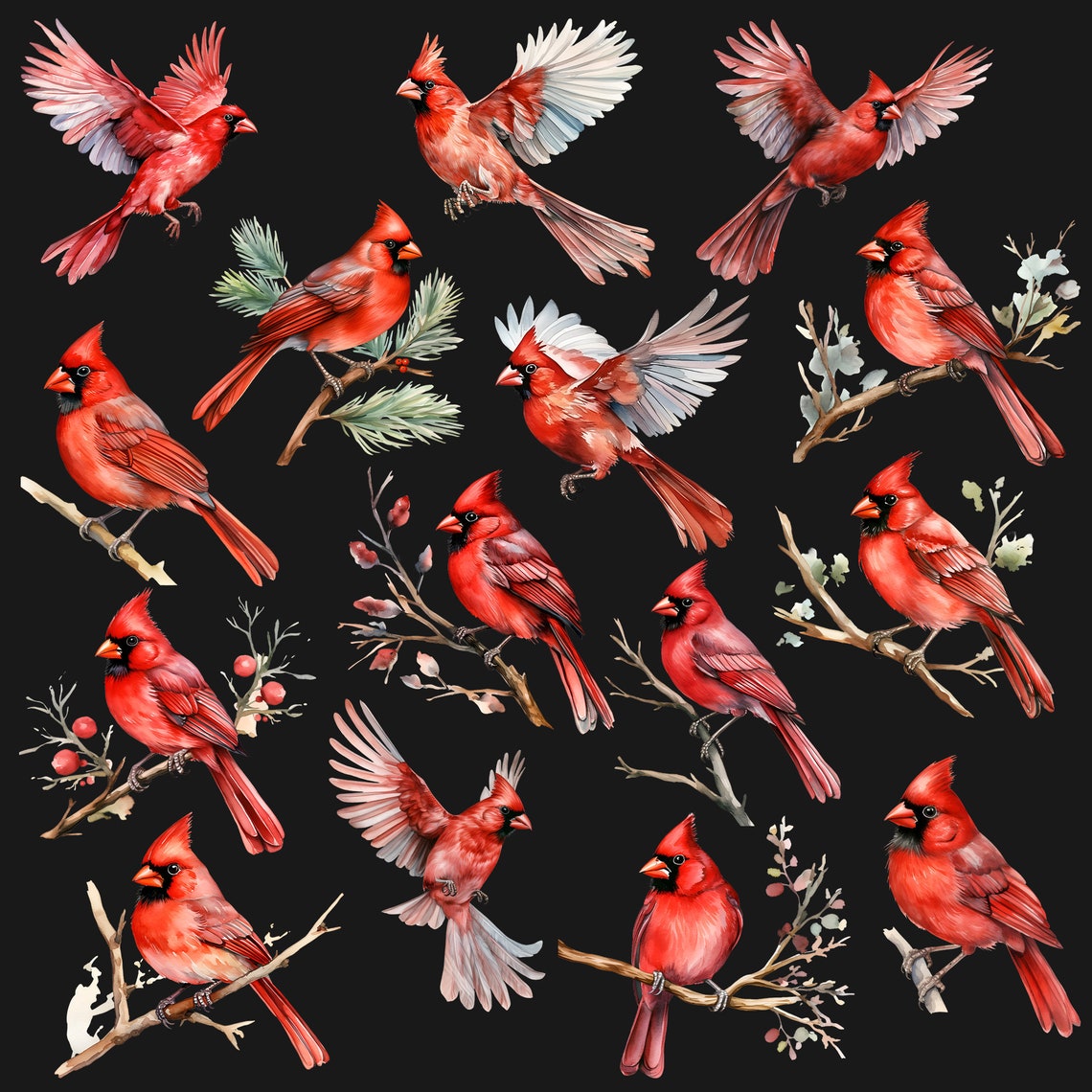 Red Cardinal Clipart, Bird Clip Art, Flying Red Cardinal, Watercolor ...
