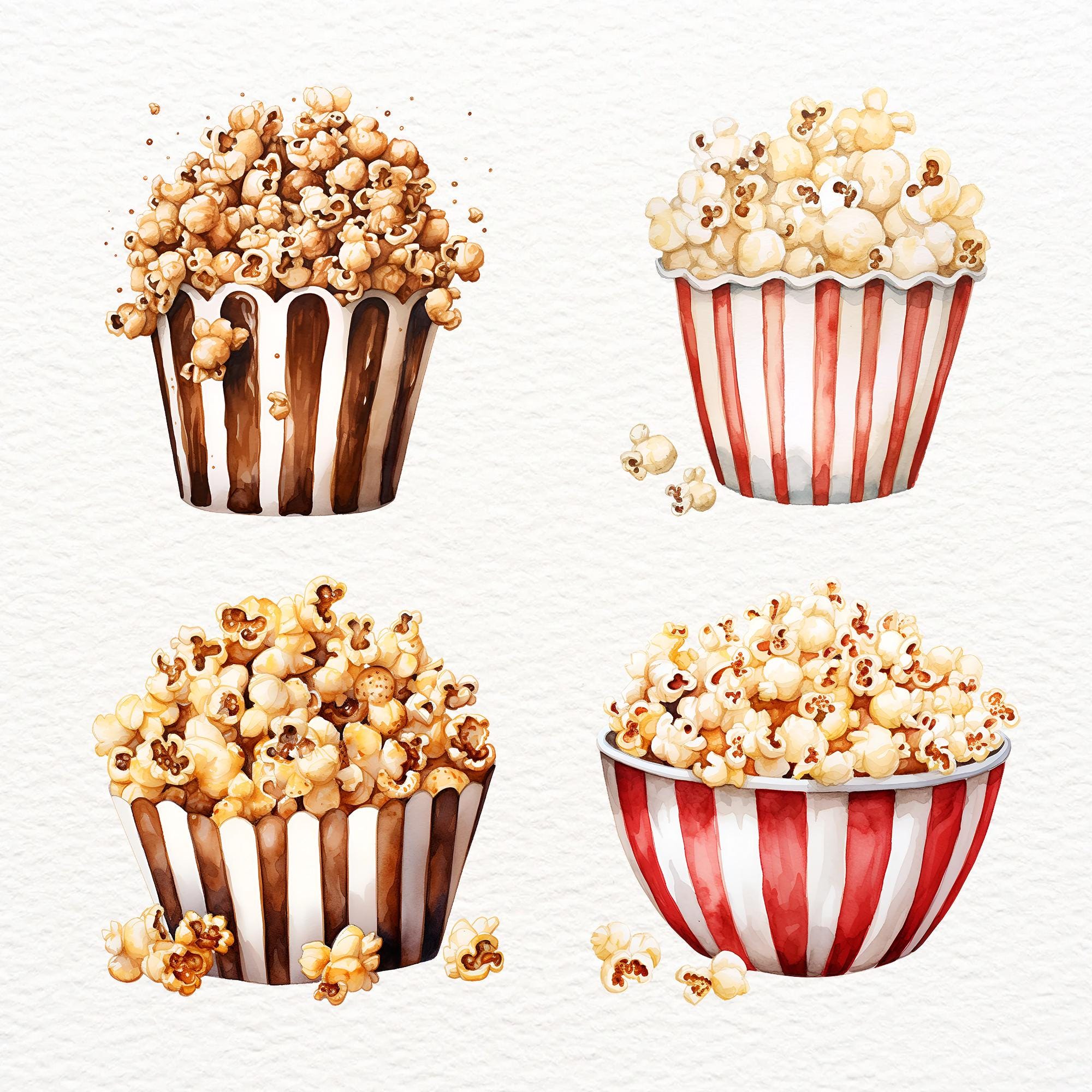 Watercolor Popcorn Clipart: PNG Bundle, Movie Party Graphics (instant ...