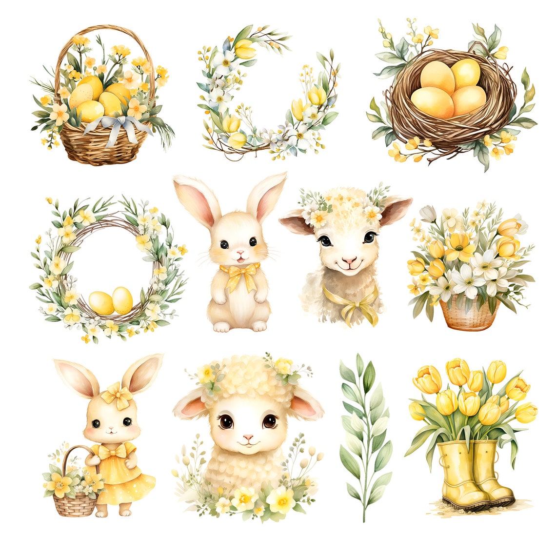 Watercolor Easter Clipart, Cut Bunny, Easter Eggs, Yellow Flowers Clip ...
