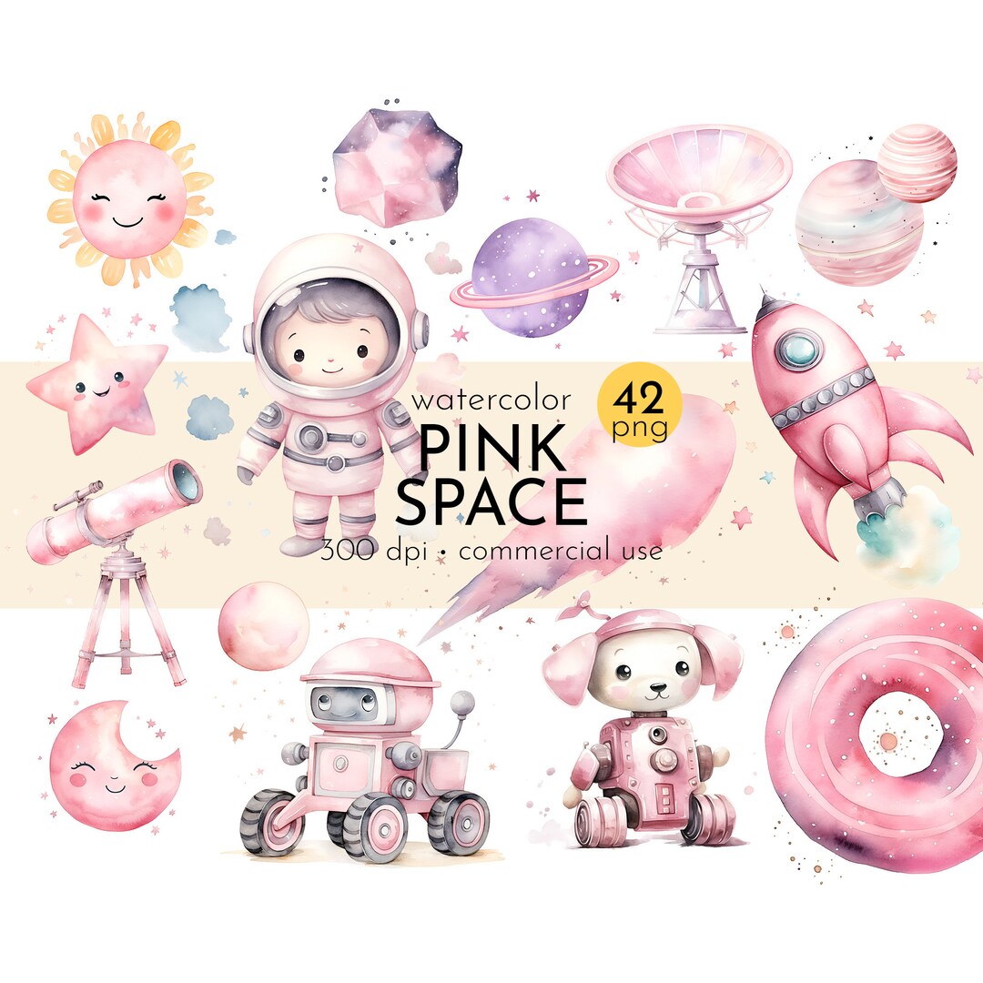 Pink Space Clipart: 42 PNG Spaceman, Planets, Robots (commercial Use ...