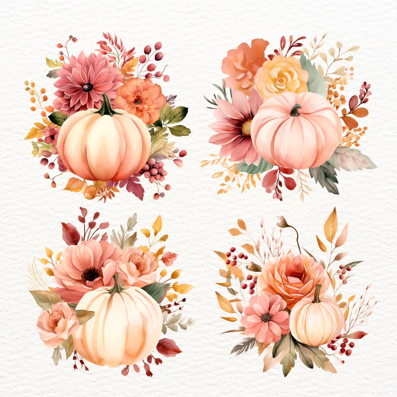 Pink Boho Pumpkin Watercolor Clipart: Floral Autumn PNG (commercial Use ...