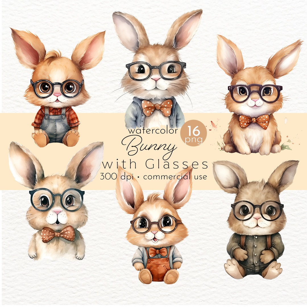 Cute Bunny With Glasses Clipart, Watercolor Bunnies, Bunny Rabbit ...