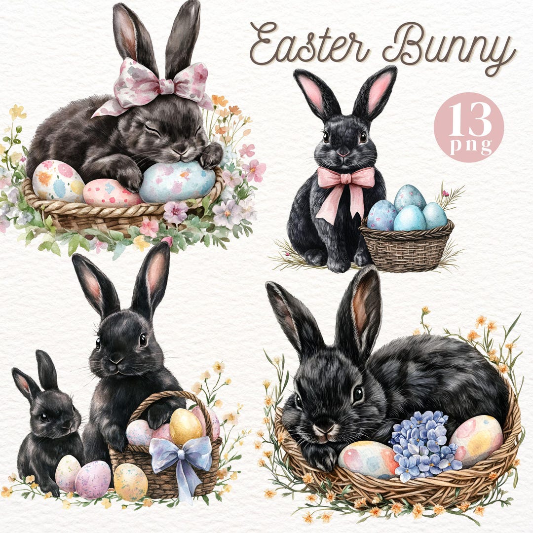 Easter Black Bunny Clipart, Cute Bunny, Easter Eggs, Egg Basket Clip ...