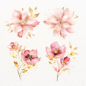 Pink Gold Flower Clipart: Abstract Watercolor Floral PNG (commercial ...