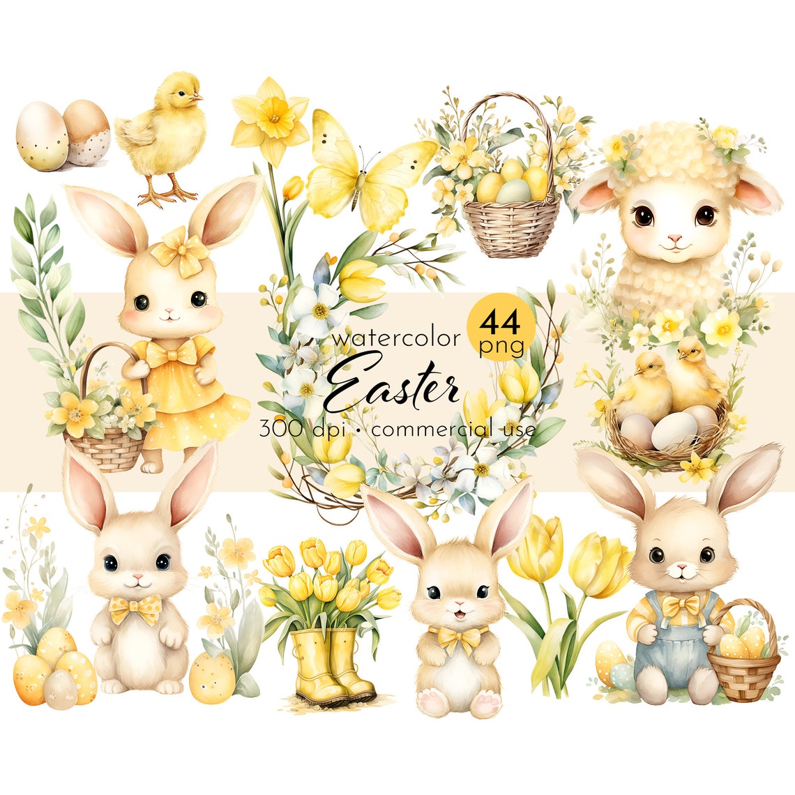 Watercolor Easter Clipart, Cut Bunny, Easter Eggs, Yellow Flowers Clip ...