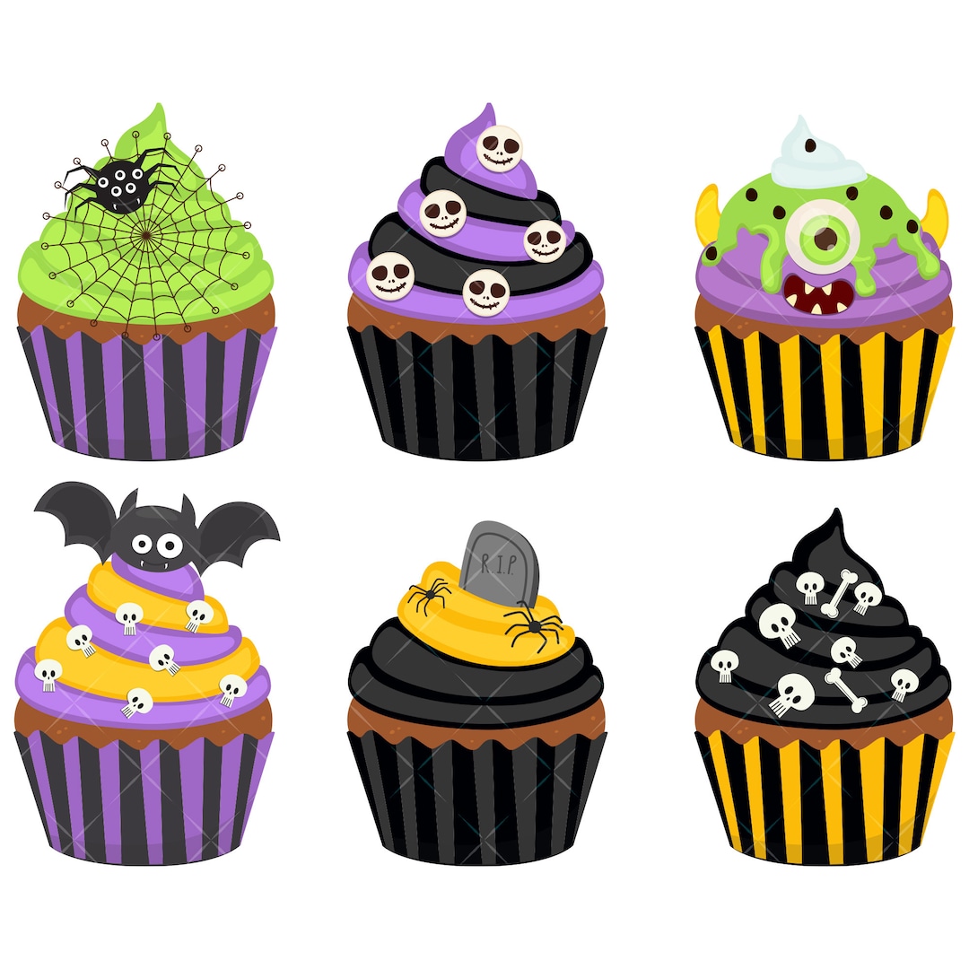 Halloween Cupcakes Clip Art, Monsters, Bat, Spiders, Ghost, Skeleton ...