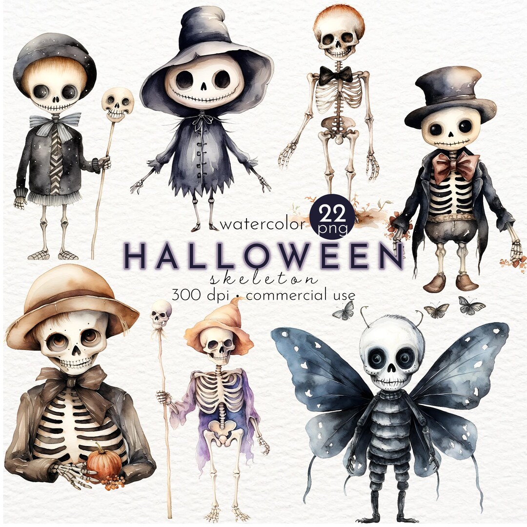 Cute Halloween Skeleton Clipart, Funny Halloween Clipart, Watercolor ...