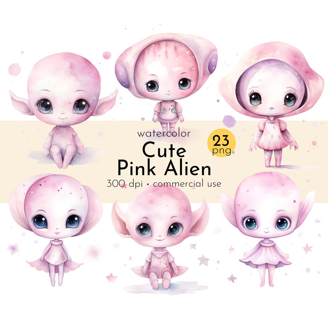 Cute Light Pink Alien Clipart, Alien Girl, Alien Boy Clipart - Instant ...