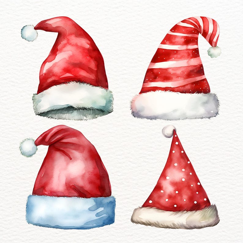Watercolor Santa Hat Clipart: 17 Christmas PNG Graphics (commercial Use ...