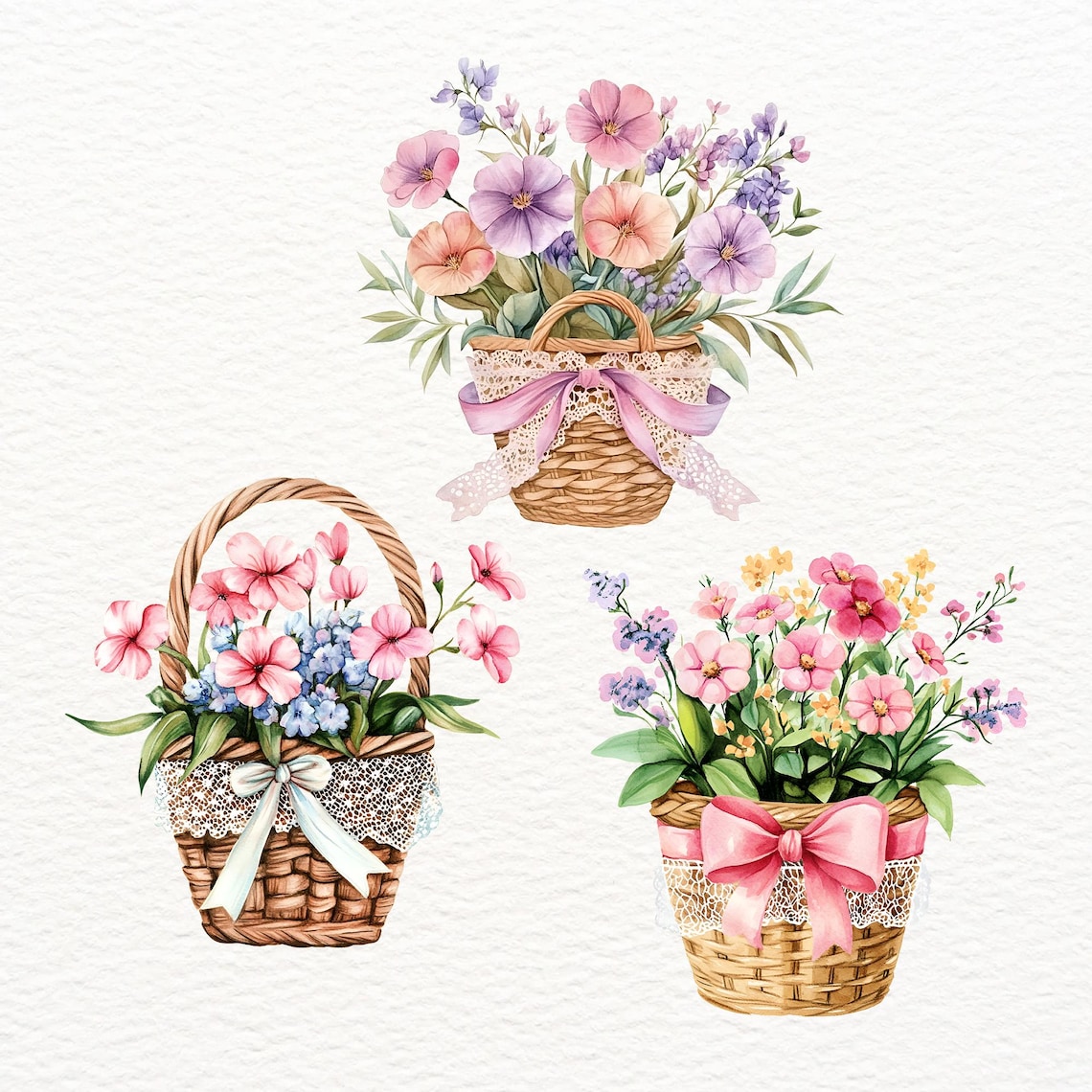Watercolor Floral Basket Clipart: Spring Flowers With Lace (PNG Digital ...