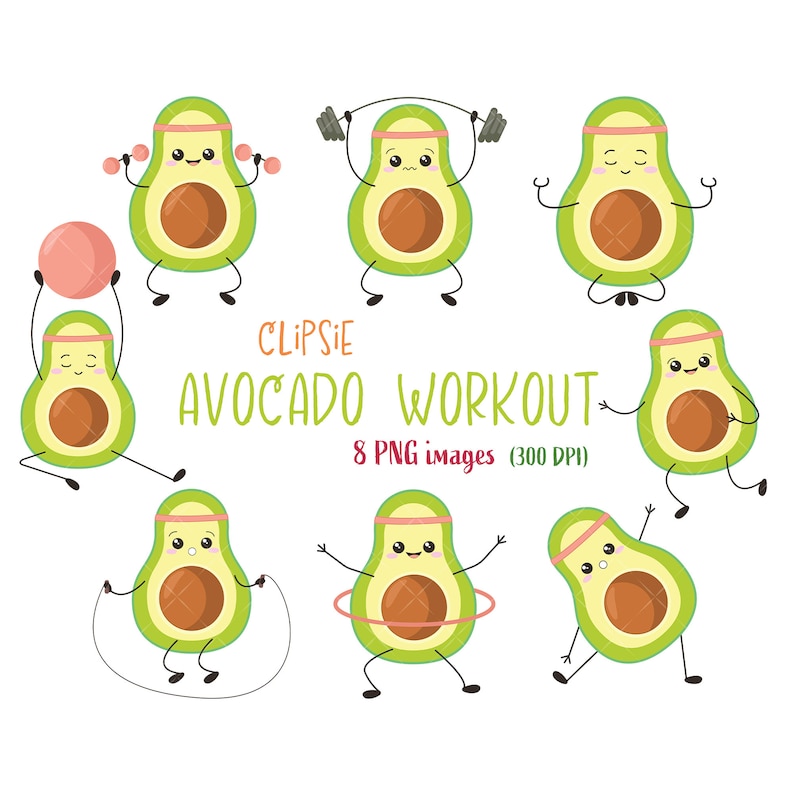 Avocado Workout Clipart, Cute Avocados Working Out Clip Art Set, Avocados Gym Instant Download ...
