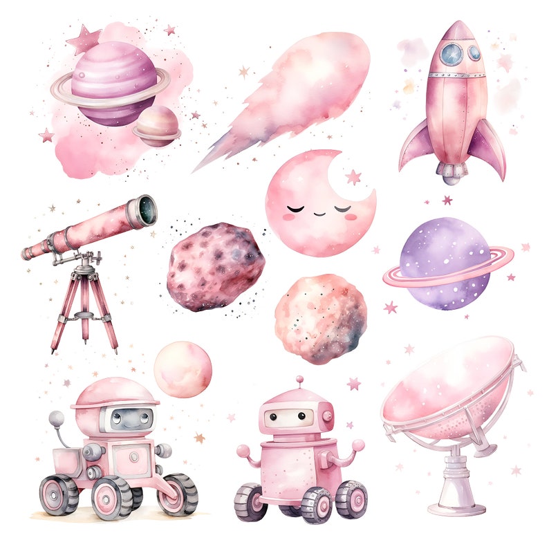 Pink Space Clipart: 42 PNG Spaceman, Planets, Robots (commercial Use ...