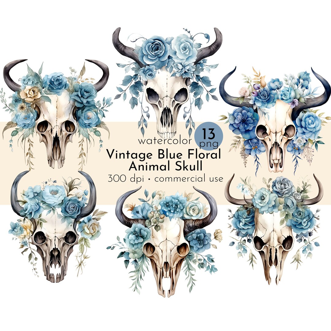 Vintage Blue Floral Animal Skull Clipart, Gothic Floral Art, Images of ...