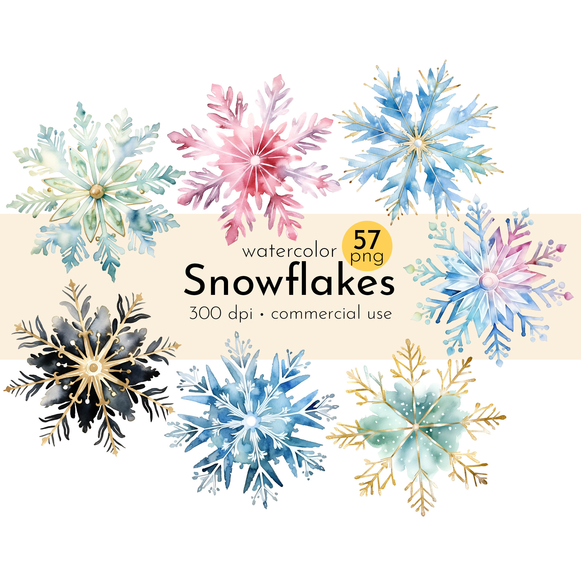 Watercolor Snowflakes Clipart for Christmas, Winter Clip Art, Holiday ...