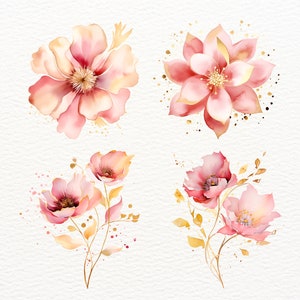 Pink Gold Flower Clipart: Abstract Watercolor Floral PNG (commercial ...