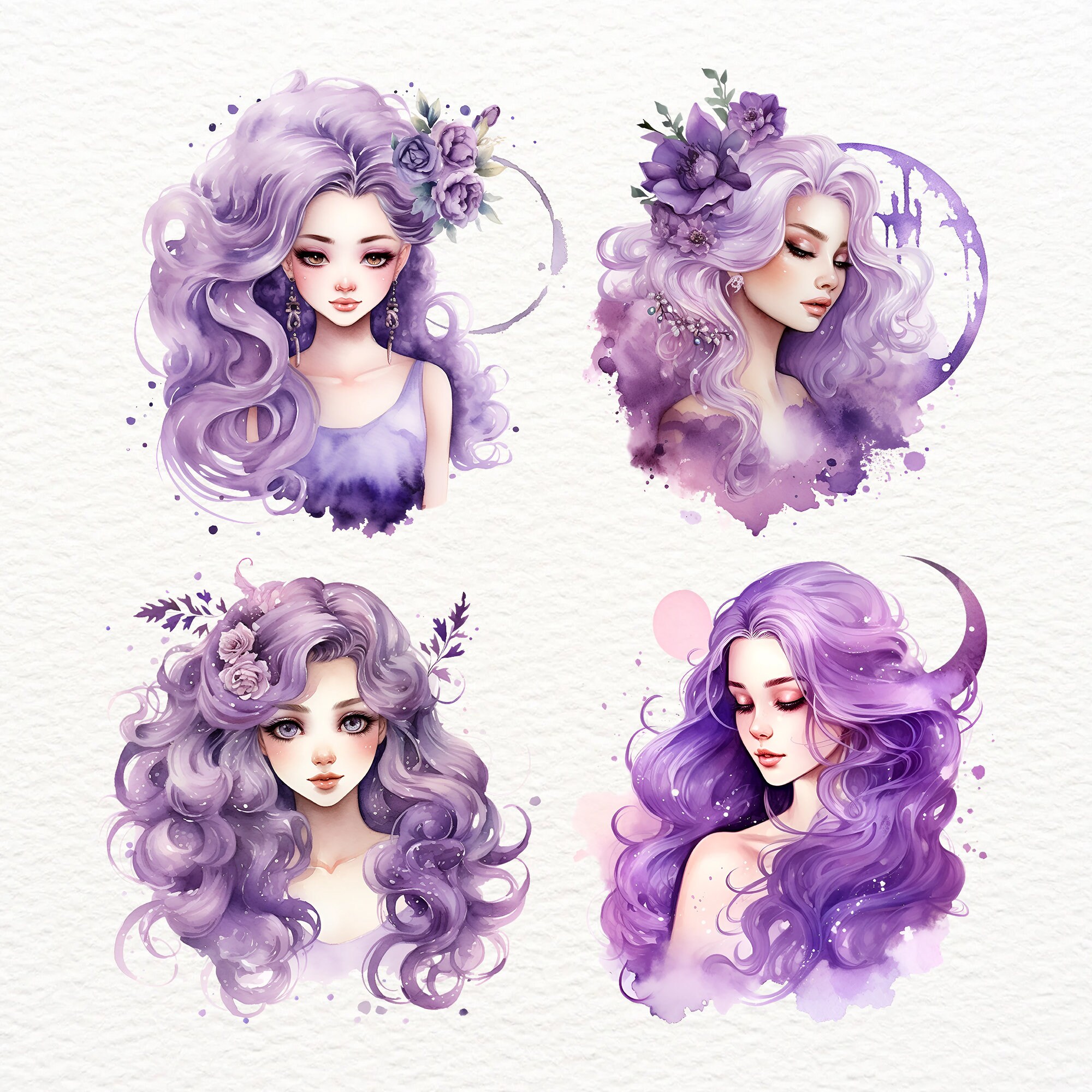 Purple Moon Princess Clipart: Celestial PNG Graphics (commercial Use ...