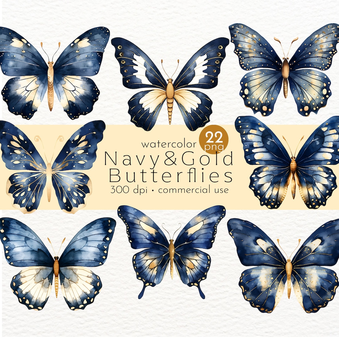 Navy Blue and Gold Butterflies Clipart, Watercolor Insects, Painted ...