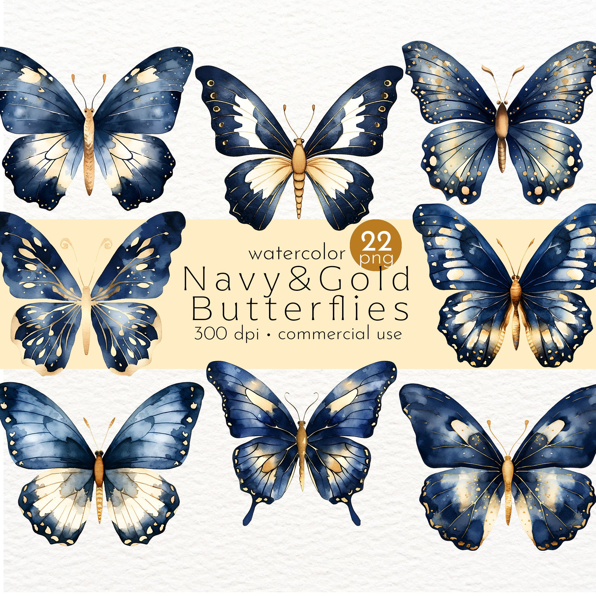 Navy Blue and Gold Butterflies Clipart, Watercolor Insects, Painted ...