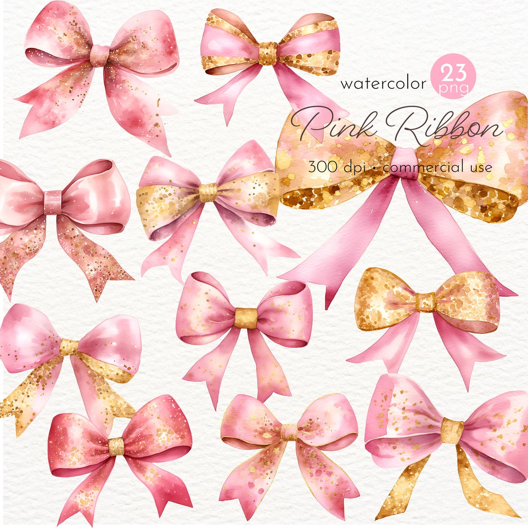 Gold Sequin Pink Ribbon Clipart: Baby Girl Bows (PNG, Commercial Use ...