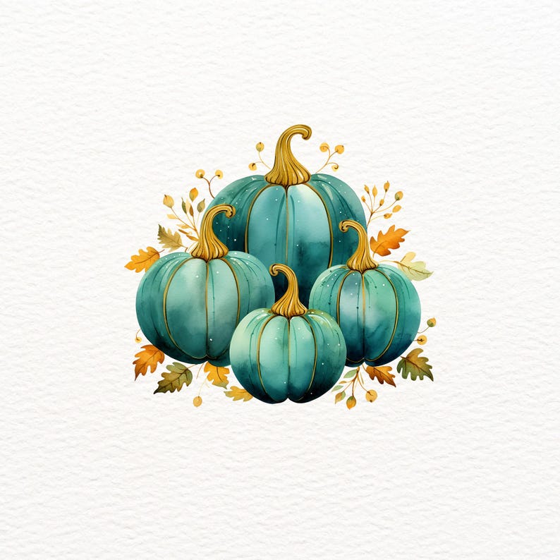 Teal Pumpkin Clipart: Watercolor Autumn PNG Images (commercial Use) - Etsy