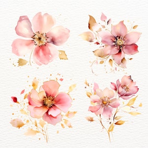 Pink Gold Flower Clipart: Abstract Watercolor Floral PNG (commercial ...