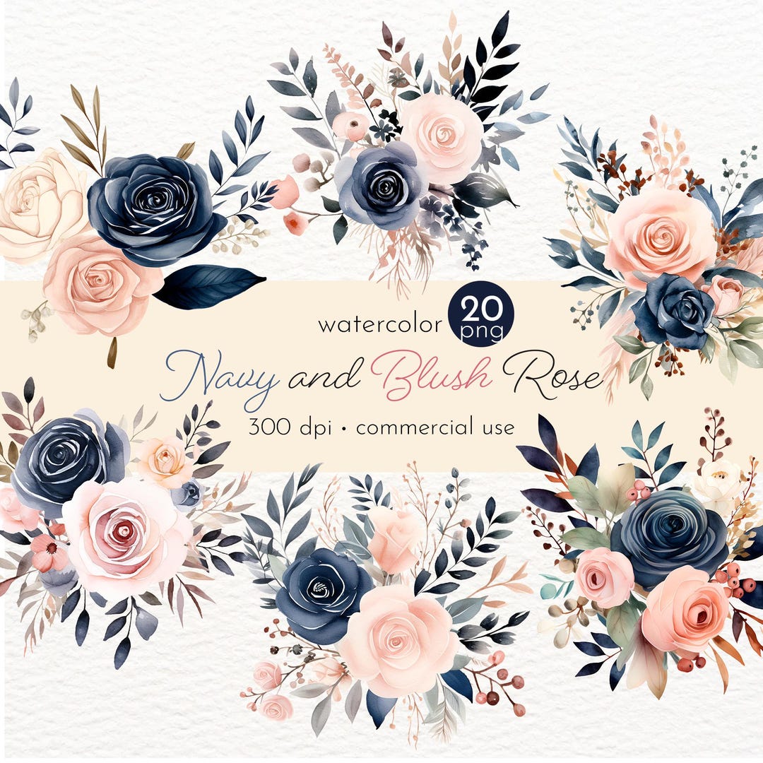 Navy and Blush Rose Clipart: Boho Flower Bouquet (PNG, Digital Download ...