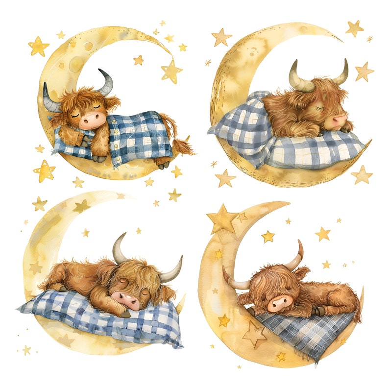 Sleeping Highland Cow Clipart, Cute Baby Cow, Sleeping on the Moon ...