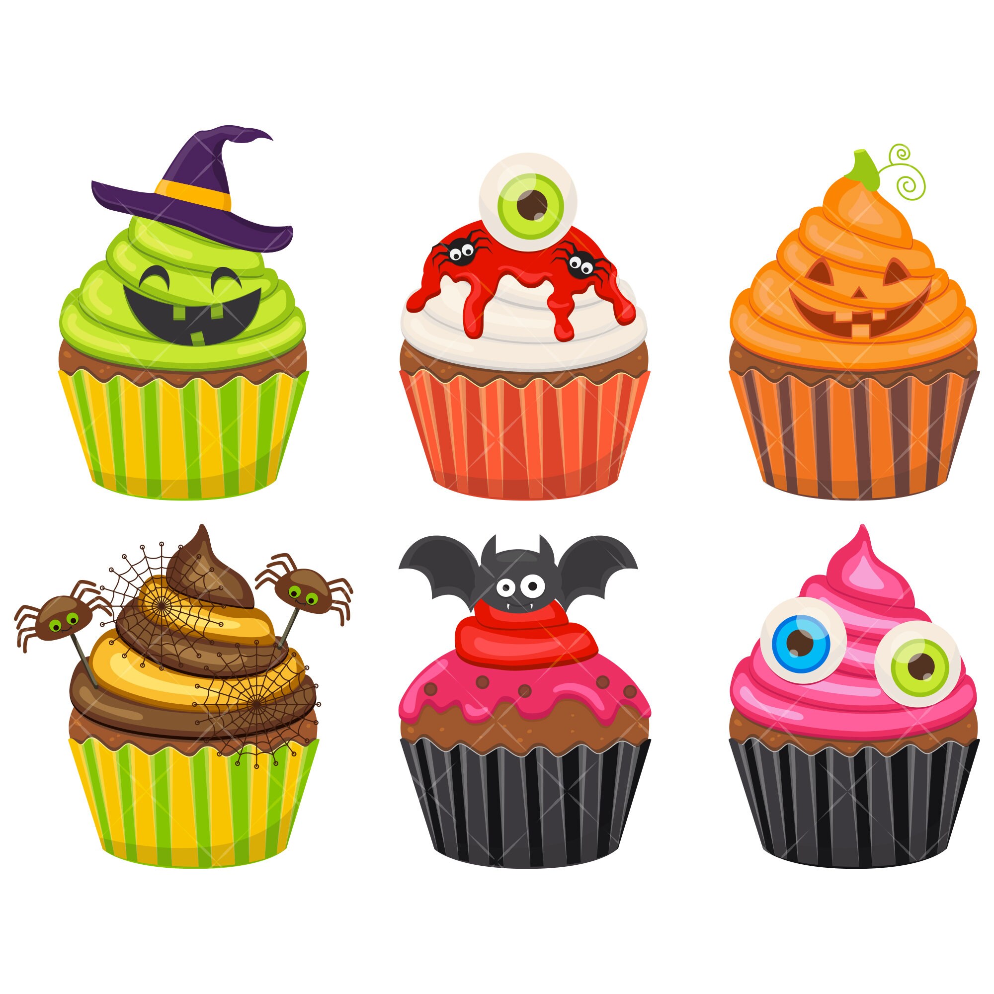 Halloween Cupcakes Clip Art, Monsters, Bat, Spiders, Ghost, Pumpkin ...