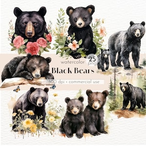 Black Bears Clipart, Watercolor Bear, Woodland Animals, Forest Clipart ...