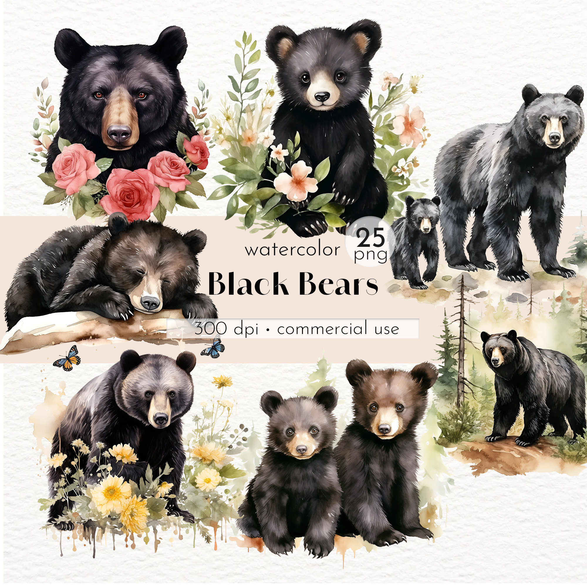 Black Bears Clipart, Watercolor Bear, Woodland Animals, Forest Clipart ...