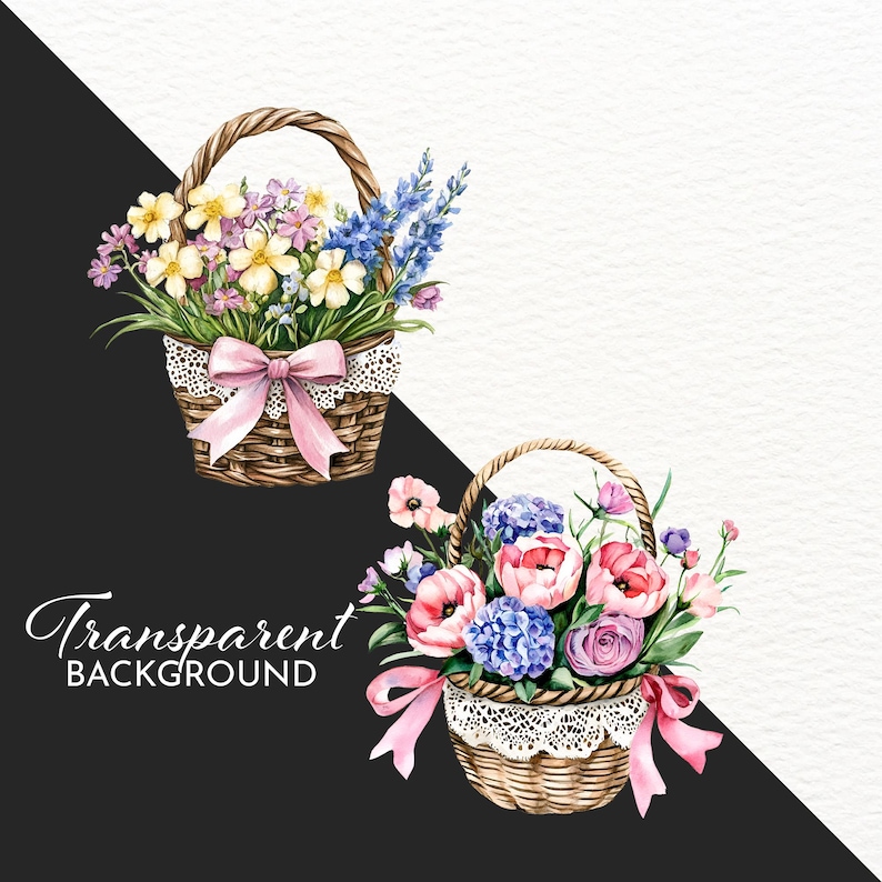Watercolor Floral Basket Clipart: Spring Flowers With Lace (PNG Digital ...