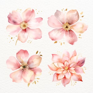 Pink Gold Flower Clipart: Abstract Watercolor Floral PNG (commercial ...