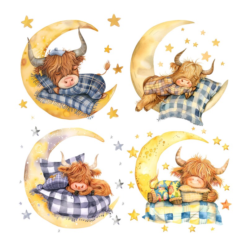 Sleeping Highland Cow Clipart, Cute Baby Cow, Sleeping on the Moon ...