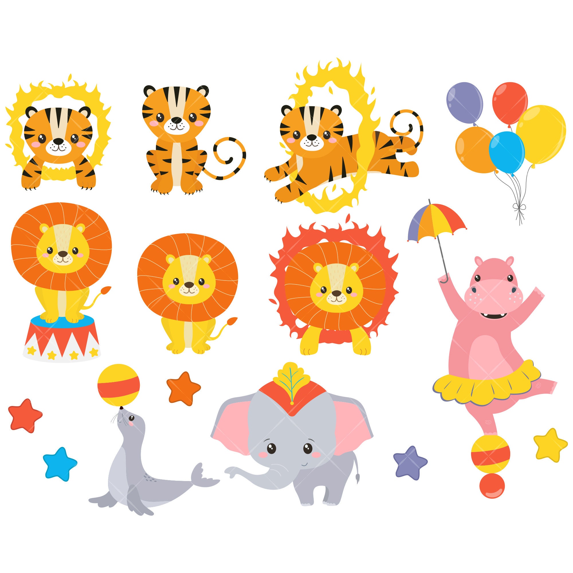 Circus Animals Clip Art, Lion Clipart, Bear on Bike, Elephant on Ball ...