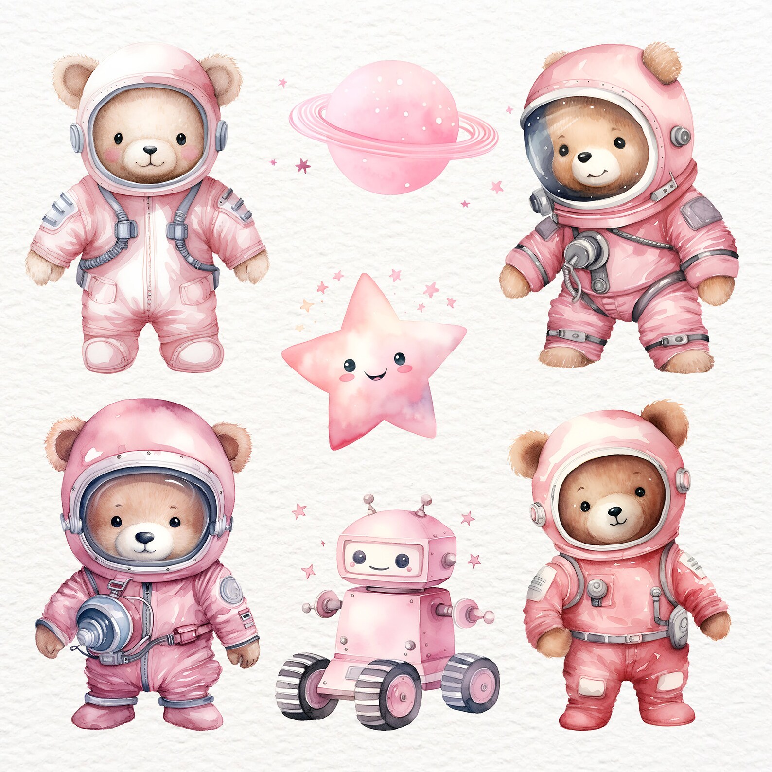 Pink Teddy Bear Astronaut Watercolor Clipart (PNG, Commercial Use) - Etsy