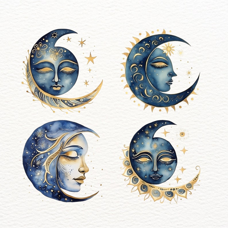 Blue Golden Moon Clipart, Moon Goddess Clip Art, Beautiful Celestial ...