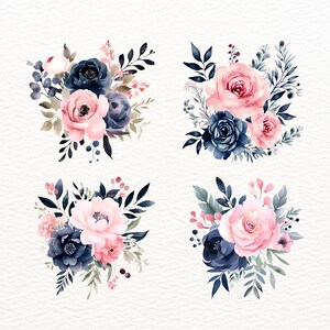 Navy & Pink Floral Clipart: Summer Flower PNG Images (commercial Use ...