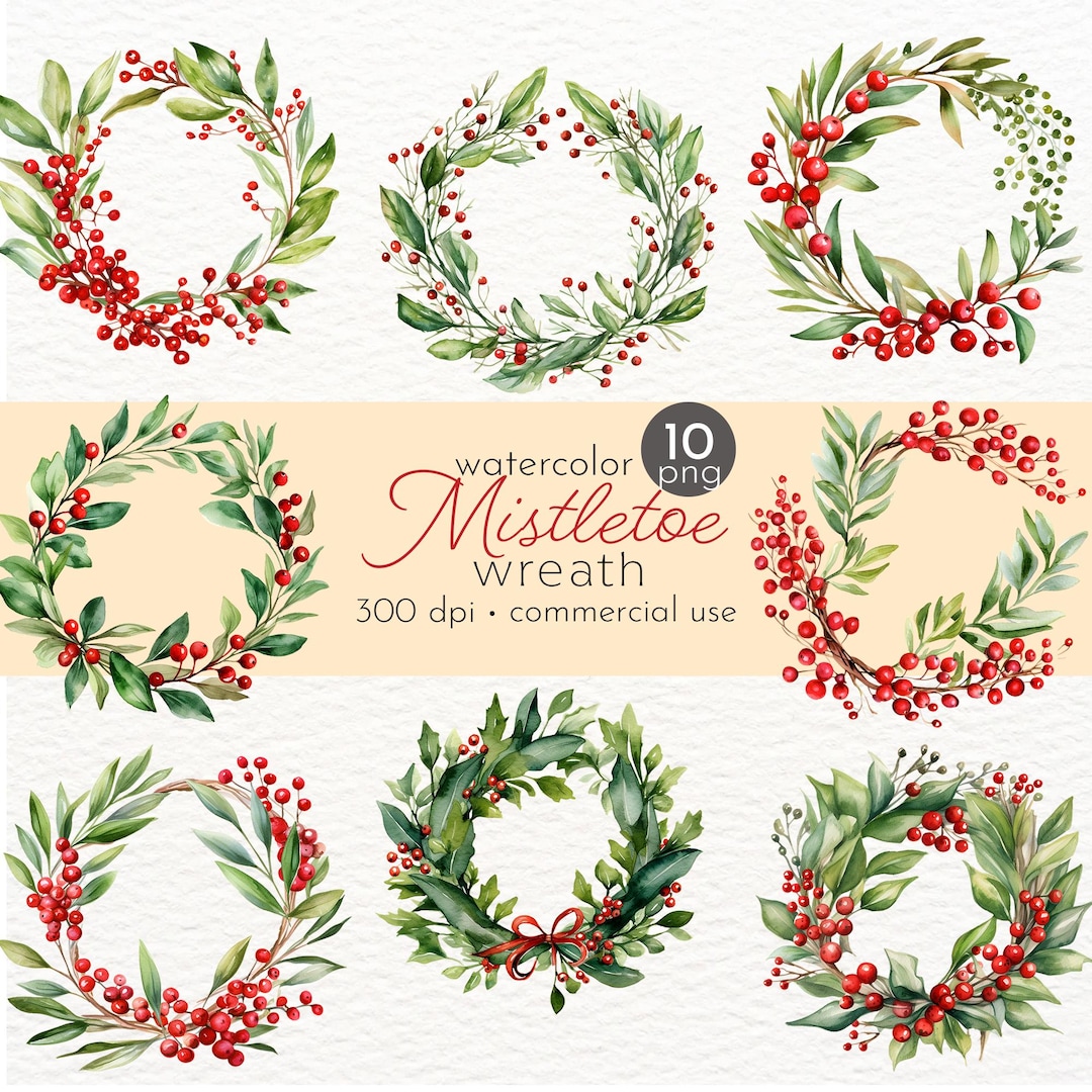 Mistletoe Wreath Clipart, Christmas Red Berry, Watercolor Christmas ...