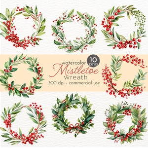 Watercolor Mistletoe Wreath Clipart: Christmas Berry Graphics (instant ...