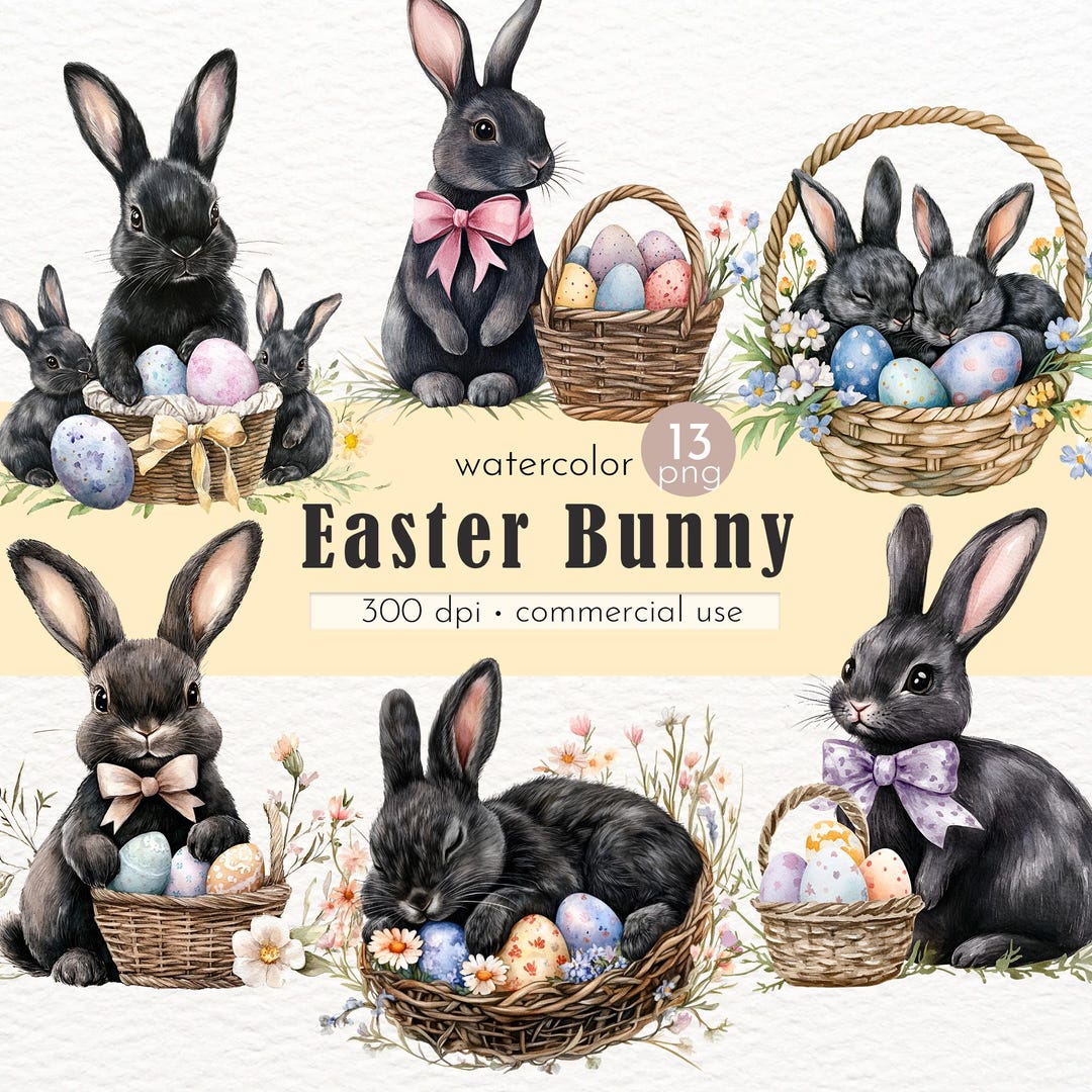 Easter Black Bunny Clipart, Cute Bunny, Easter Eggs, Egg Basket Clip ...